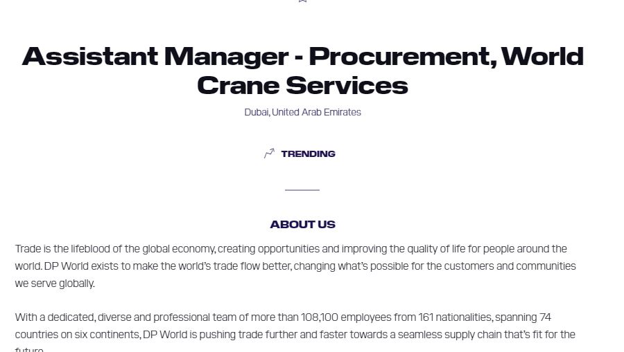Assistant Manager - Procurement, World Crane Services - 2024